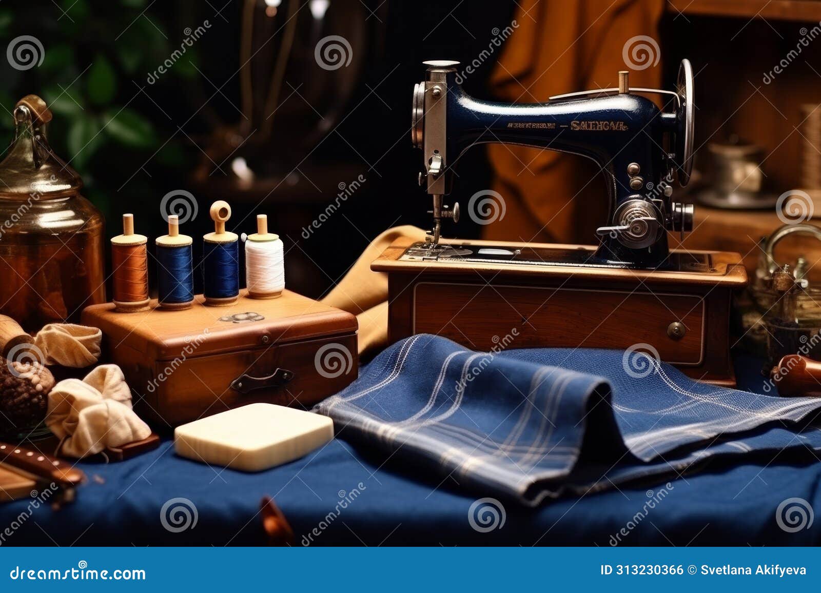 Skilled Master Tailor at Workshop Desk with Sewing Machine, Tools ...