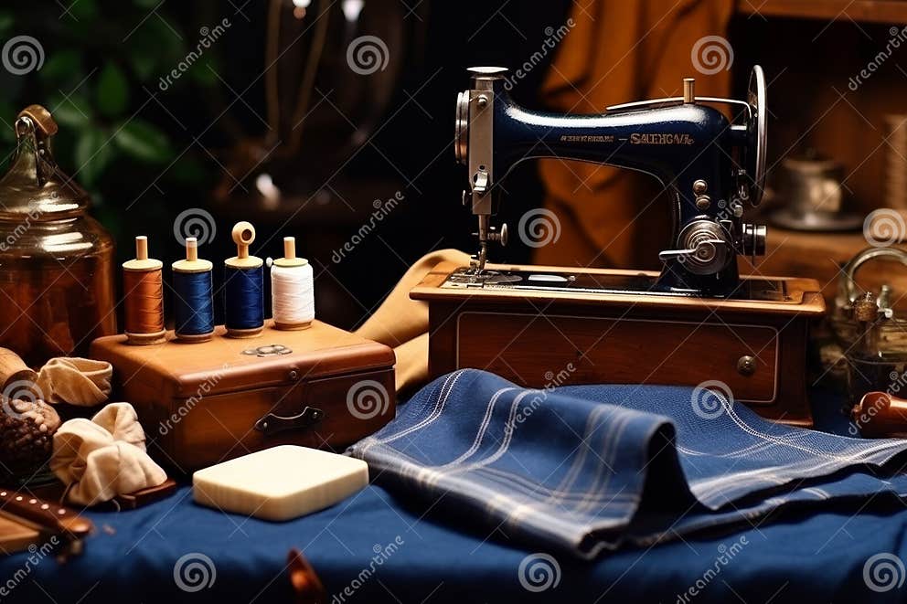Skilled Master Tailor at Workshop Desk with Sewing Machine, Tools ...
