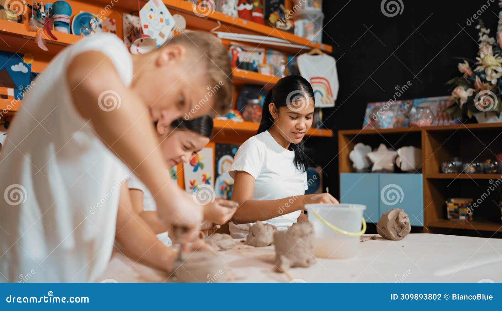 Skilled Multicultural Children Sculpting Clay at Pottery Workshop ...