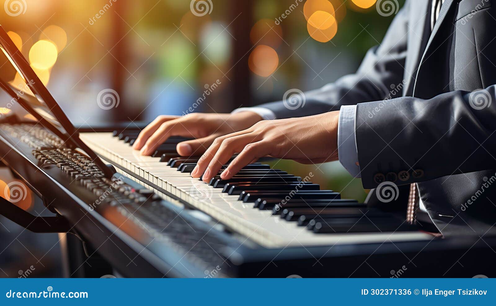 Skilled Musician Playing Keyboard on Blurred Background with Text Space ...
