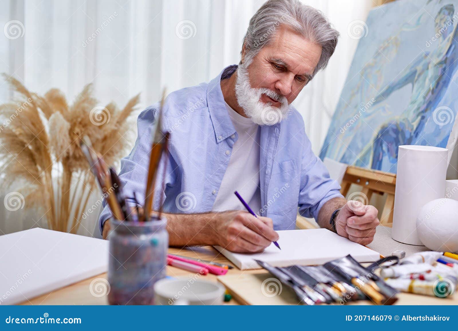 Skilled Painter is Drawing at Home in Light Room Stock Image - Image of ...