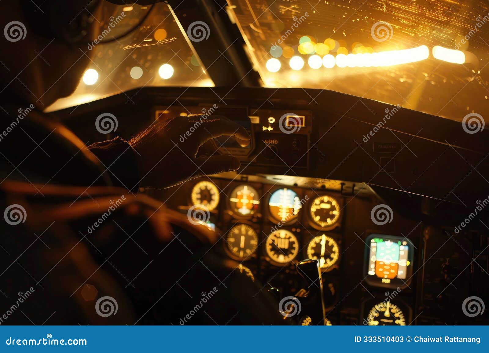 Skilled Pilot Adjusting Dials in Cockpit during Pre-Flight Prep with ...