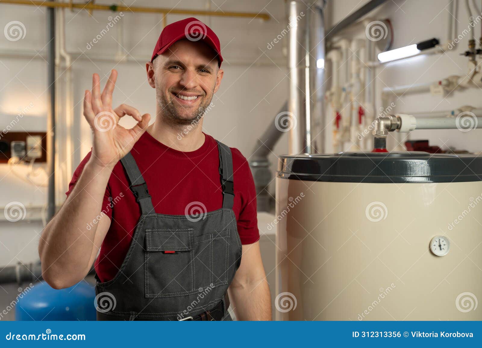 Professional Plumber Inspects Water Heater in Residential Basement ...