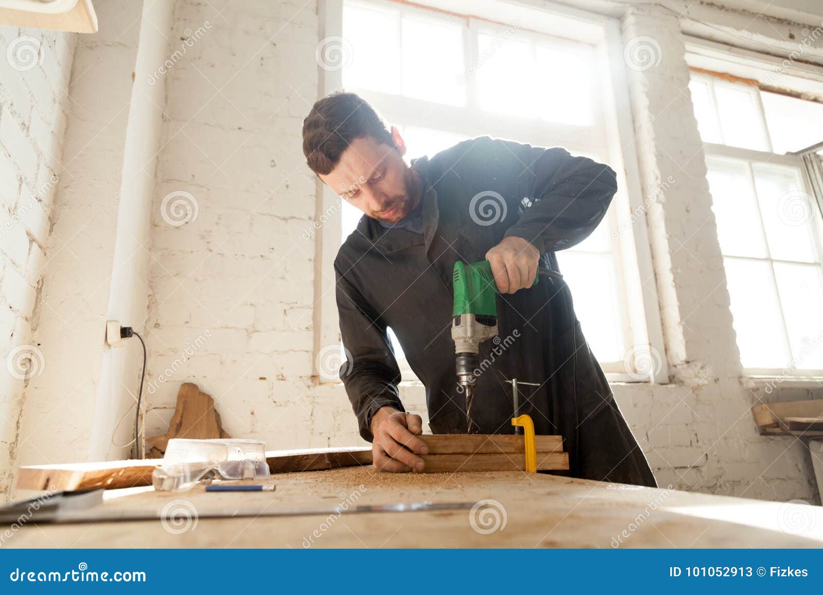 Young Skilled Joiner in Workwear Using Drill, Carpentry Woodwork Stock ...