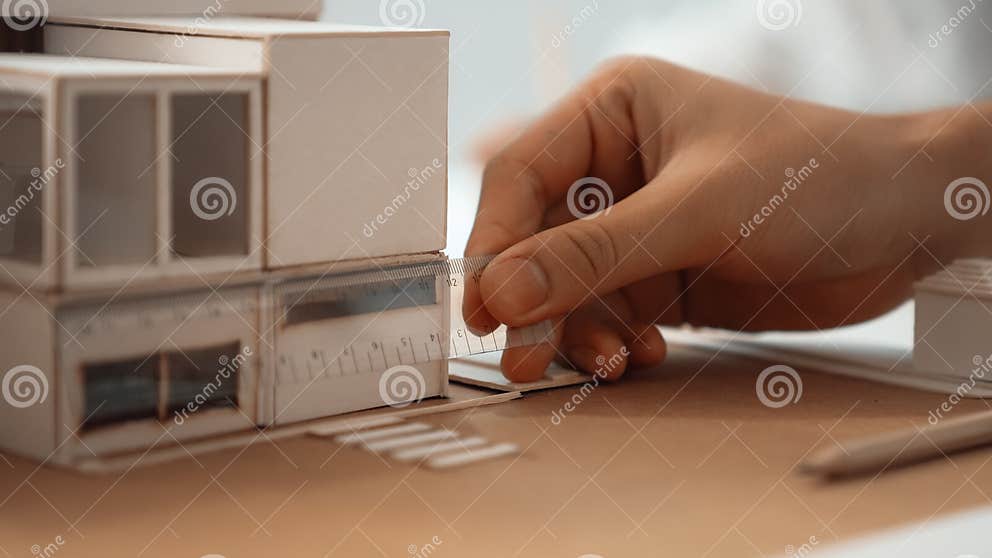 Skilled Professional Engineer Hand Using Ruler Measures House Model ...
