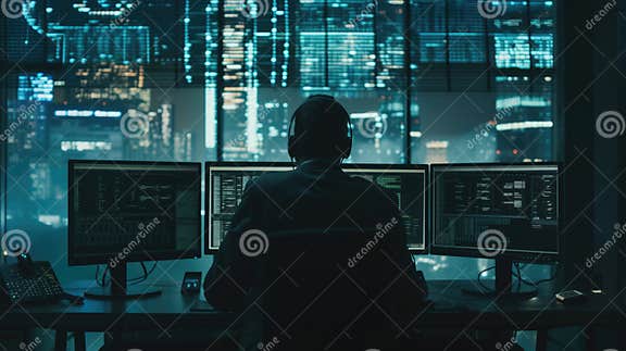 Skilled Programmer Coding Engineering Code While Sitting At Computer Aig42 Stock Illustration