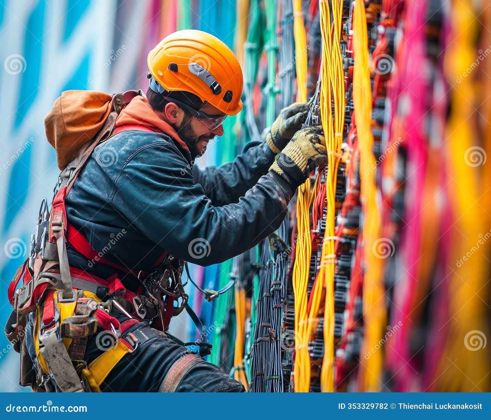 Skilled Technician Installing Fiber Optic Cables on Colorful Wall Stock ...