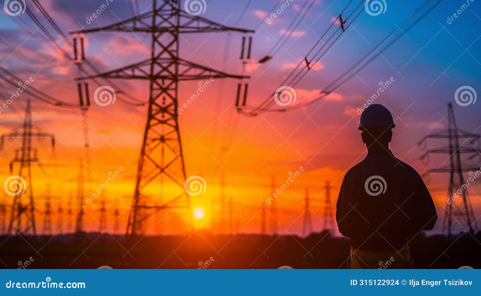 Skilled Technician Repairing High Voltage Power Lines On A Tall ...