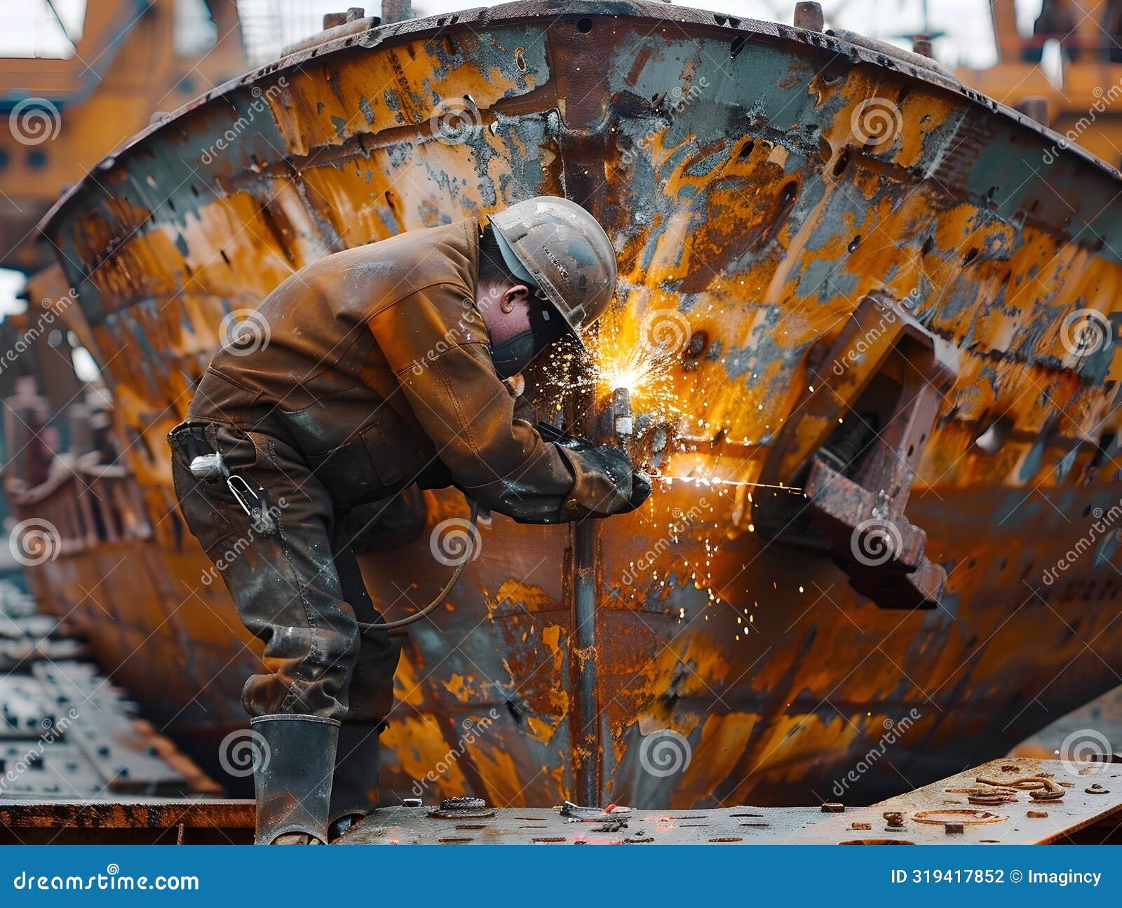Skilled Welder Intently Grinding Metal during Ship Assembly Process ...