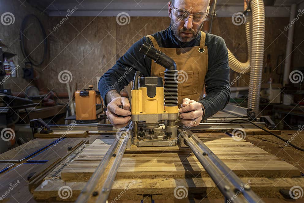 Skilled Woodworker Operating Router in Workshop Stock Image - Image of ...