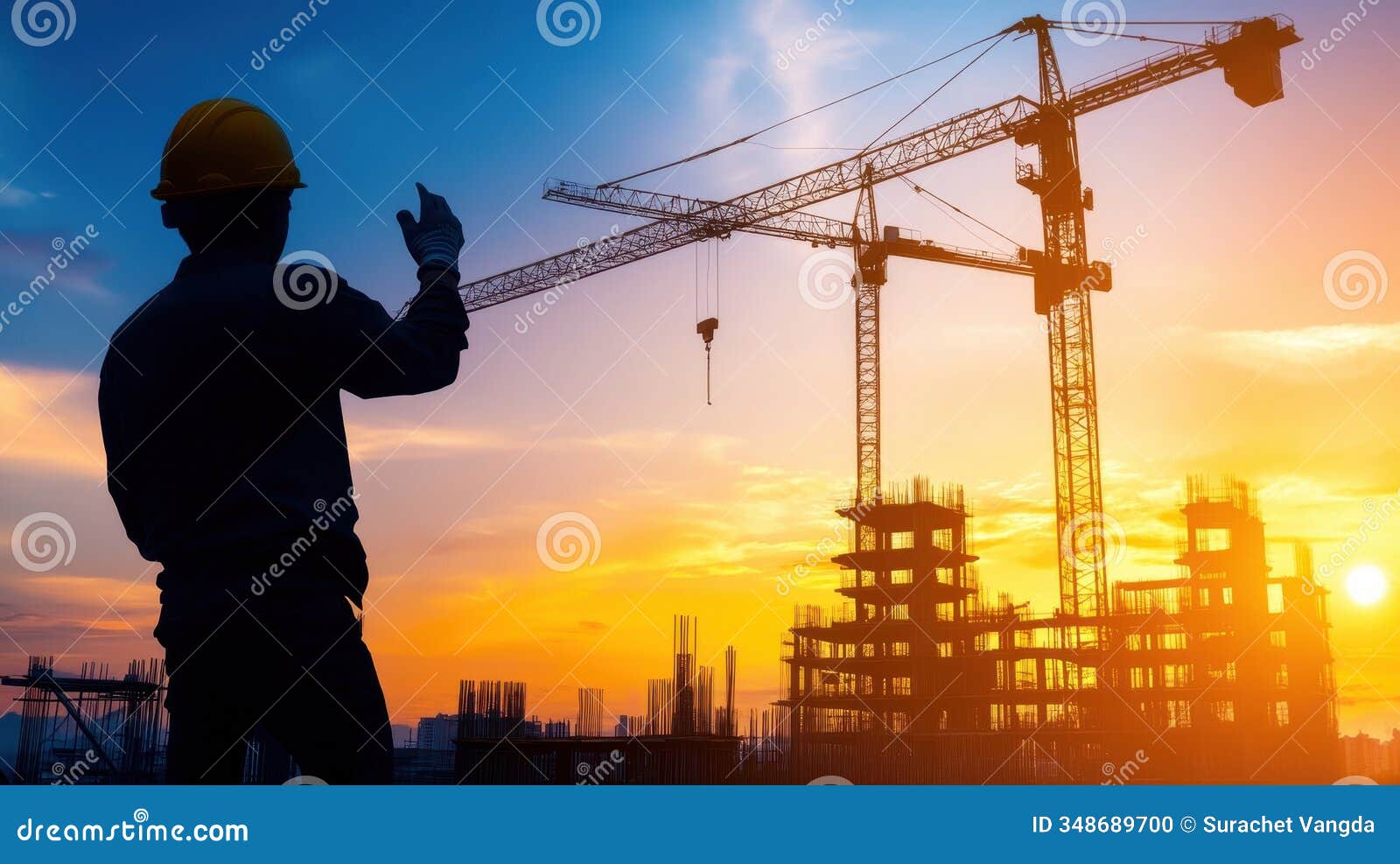 Skilled Worker Overseeing Construction Site at Sunset Stock Photo ...