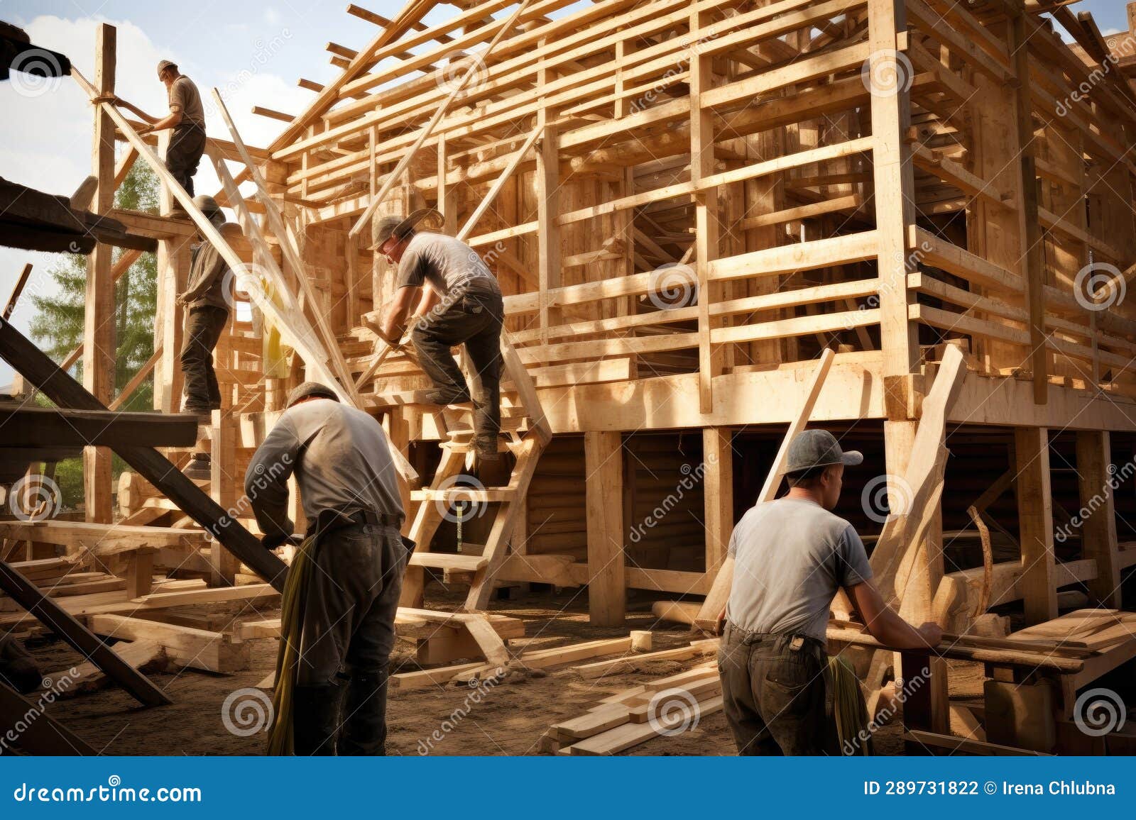 Skilled Workers Building Wooden Residences Stock Illustration ...