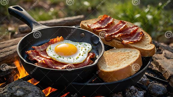A Skillet with Bacon and an Egg beside Toasted Bread Over a Campfire ...