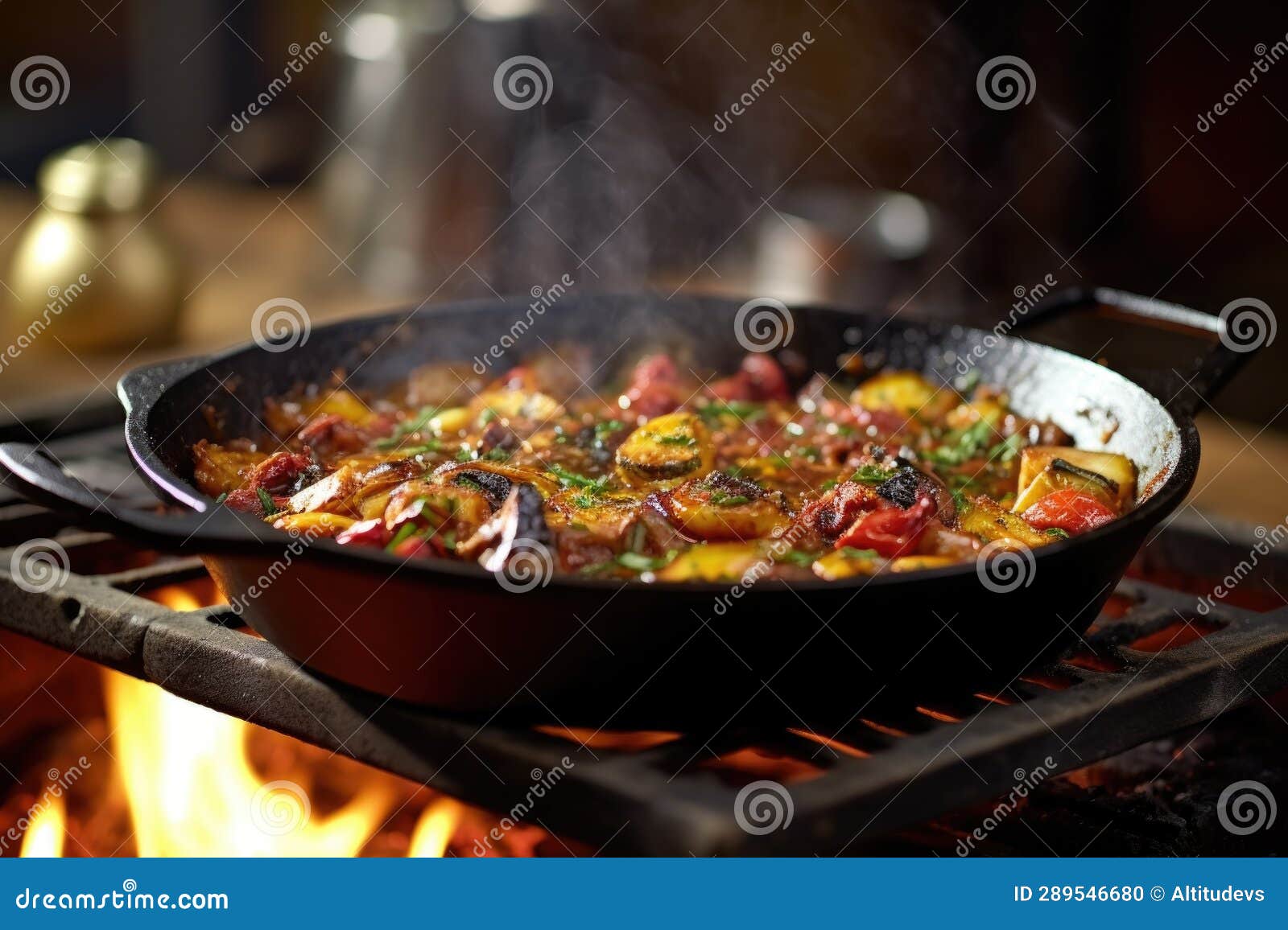 Skillet with Ratatouille Cooking Over Open Flame Stock Photo - Image of ...