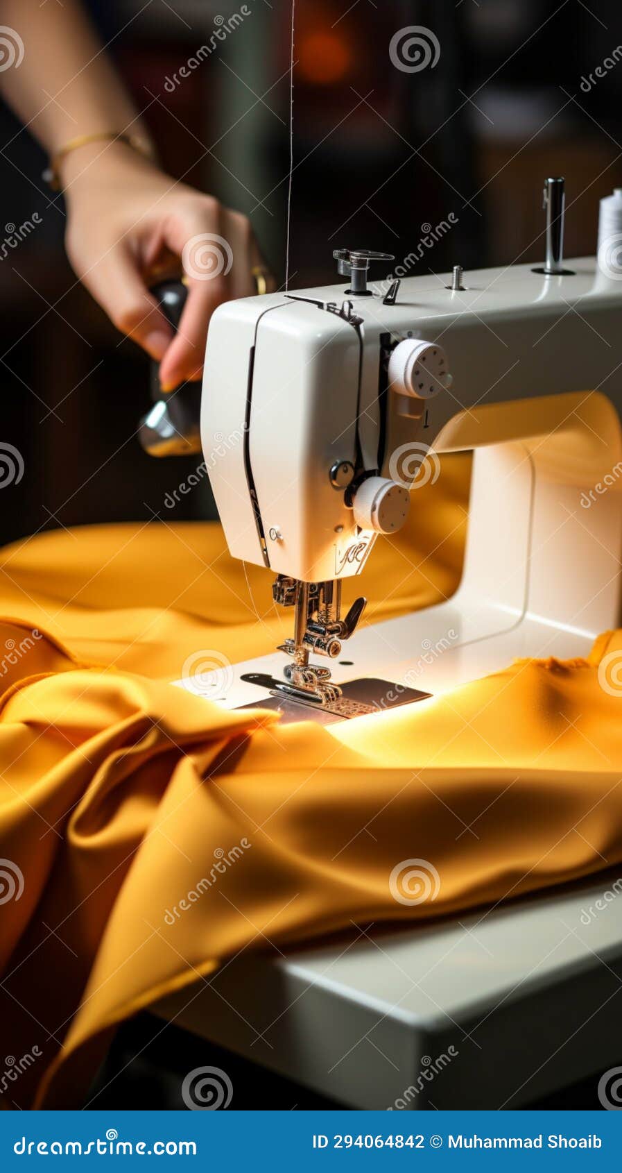 Skillful Female Hands Work On A Modern Sewing Machine, Stitching Yellow ...