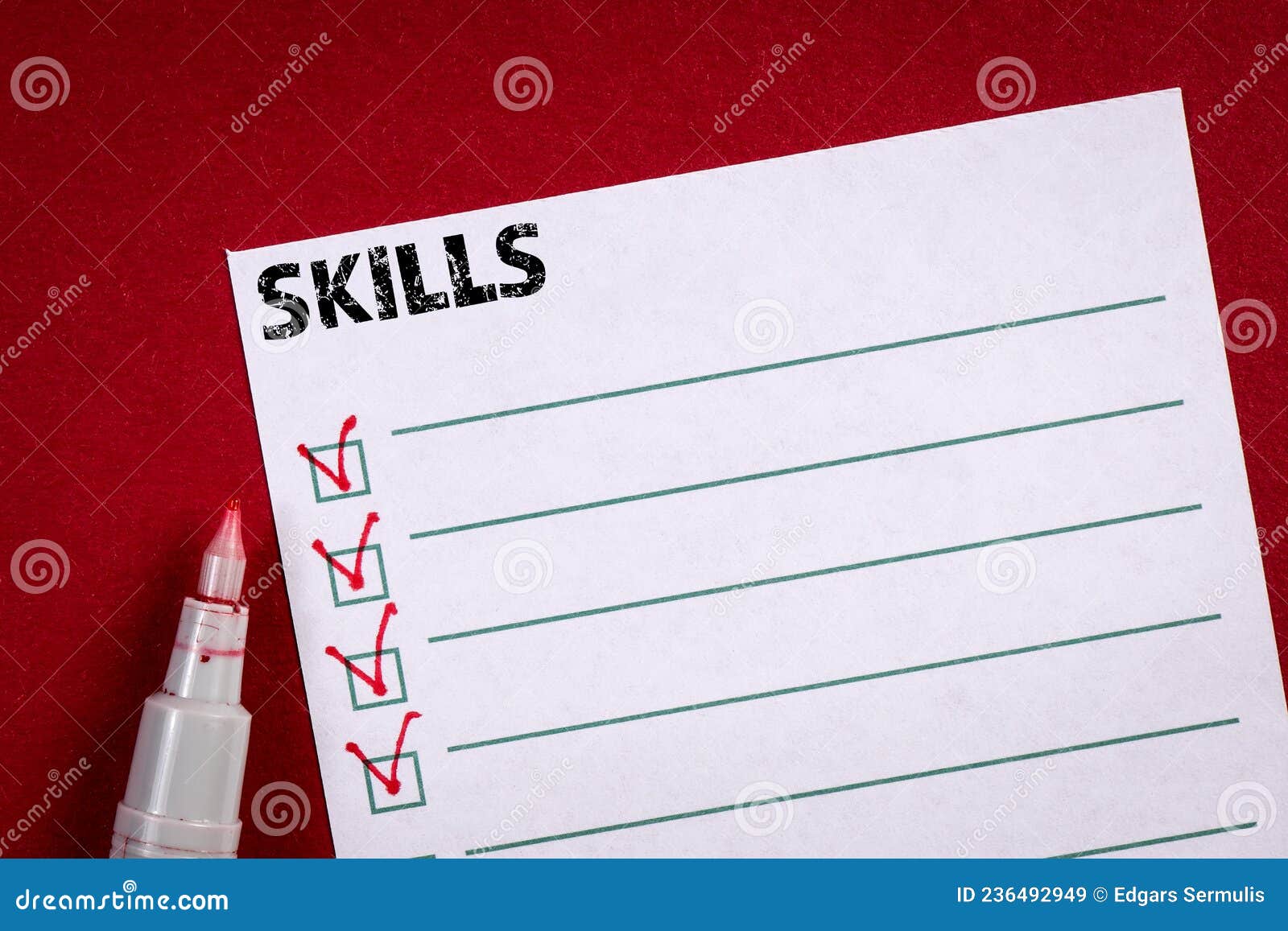 SKILLS Checklist. Note Sheet and Red Pen on the Table Stock Image ...