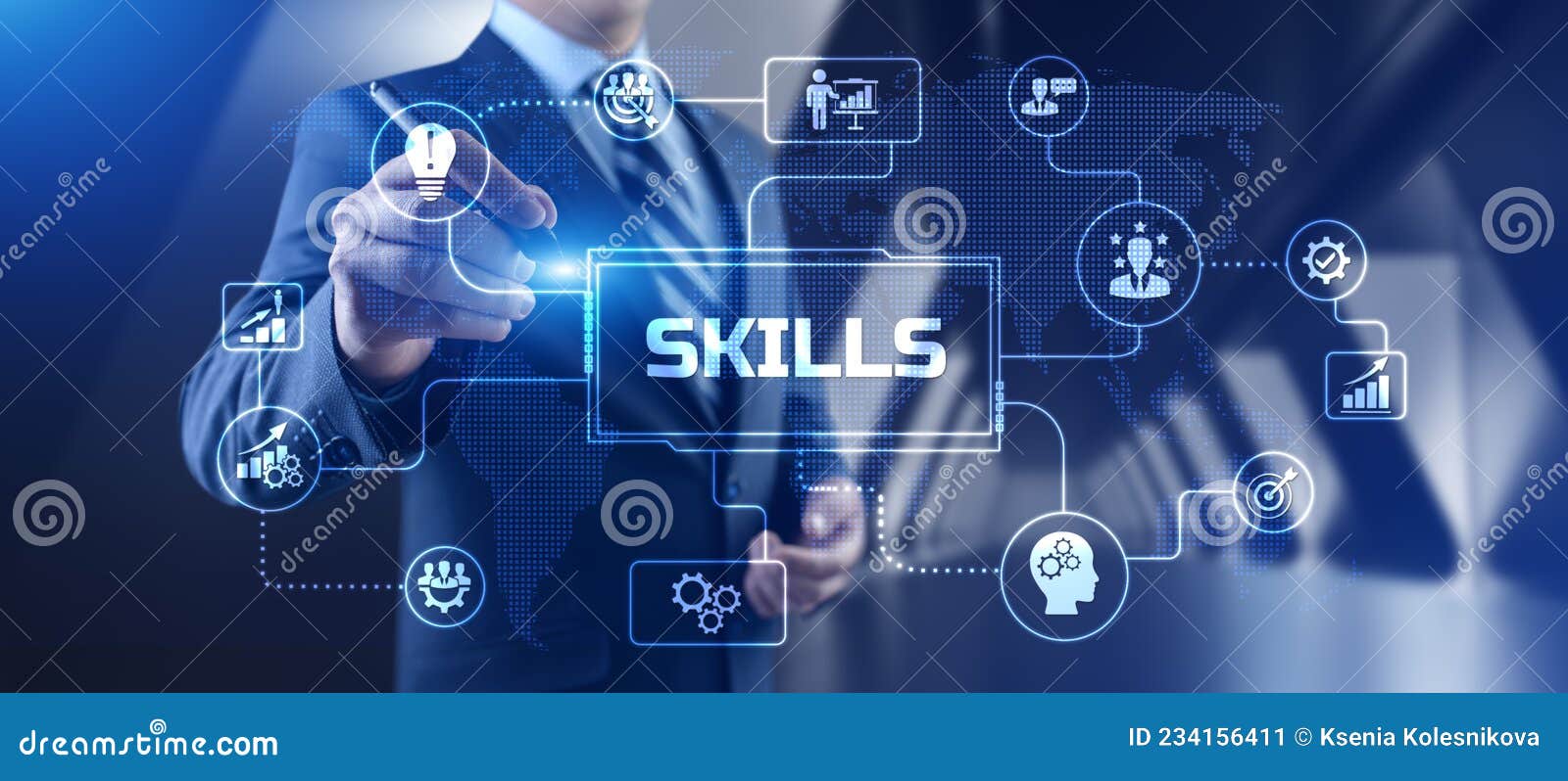 Skills Education and Personal Development Concept. Businessman Pressing ...