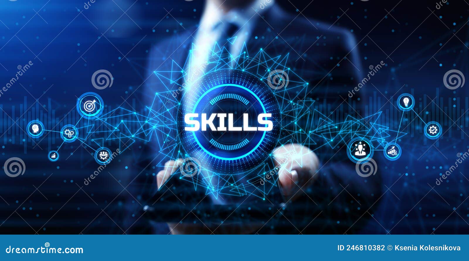 Skills Education and Personal Development Concept. Businessman Pressing ...