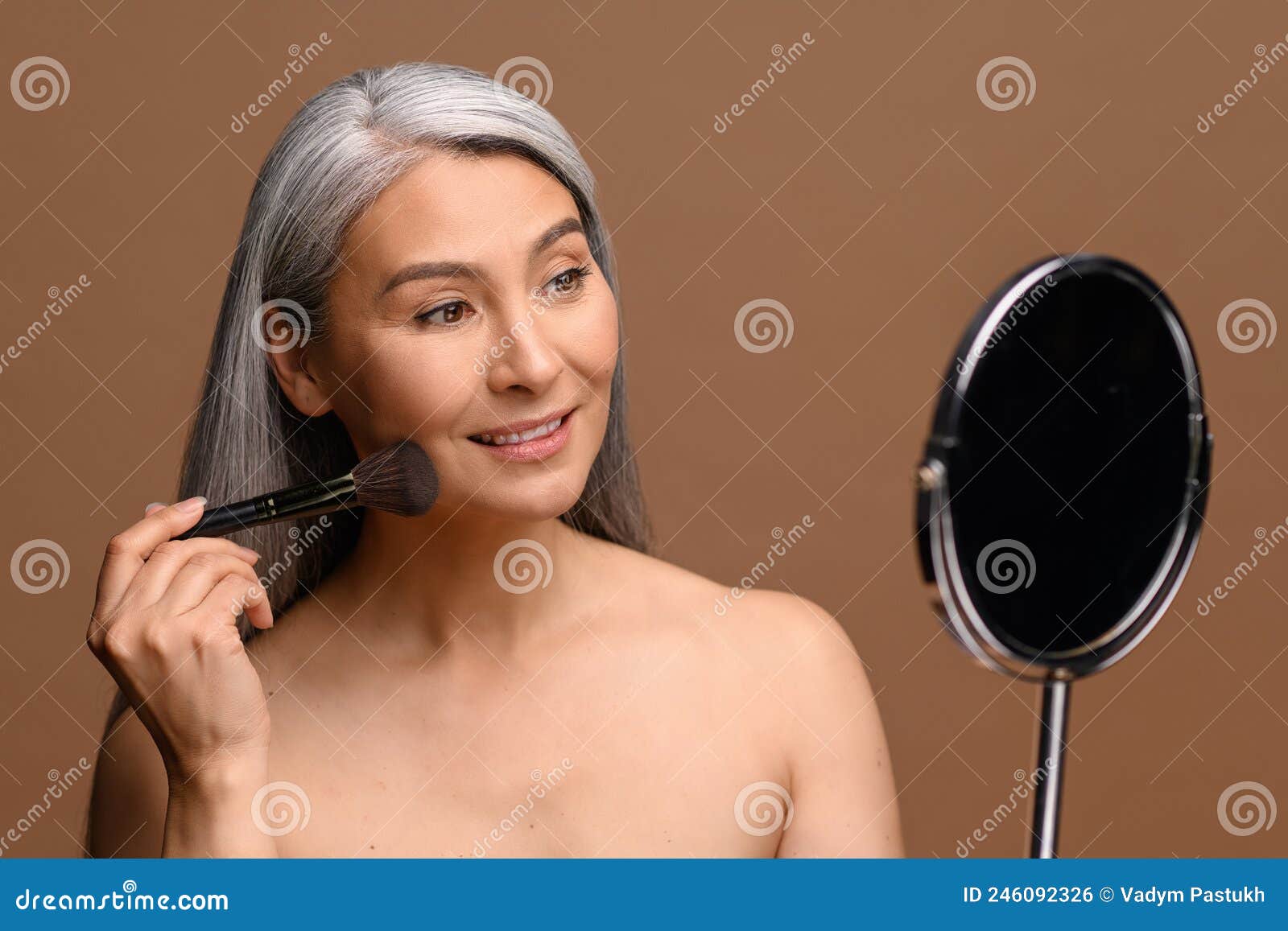 Skin Care Routine Adorable Middle Aged 50s Asian Woman With Long Gray