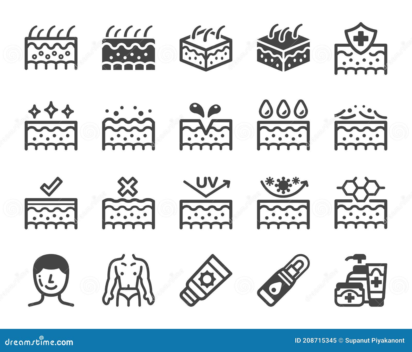 Skin icon set stock vector. Illustration of cream, icon - 208715345