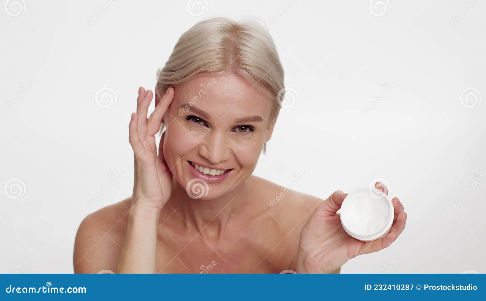 Skincare Concept Beautiful Smiling Middle Aged Woman Holding Jar With
