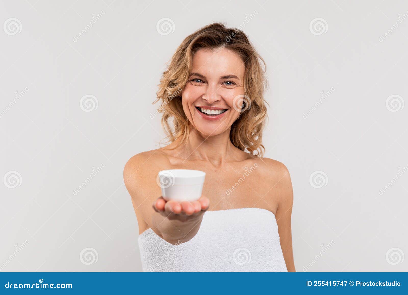 Skincare Product Beautiful Middle Aged Woman Holding Jar With