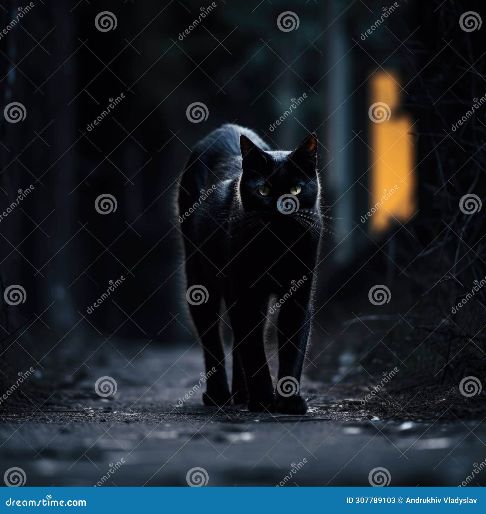 A Skinny Black Cat Walking Away in a Dark Stock Illustration ...