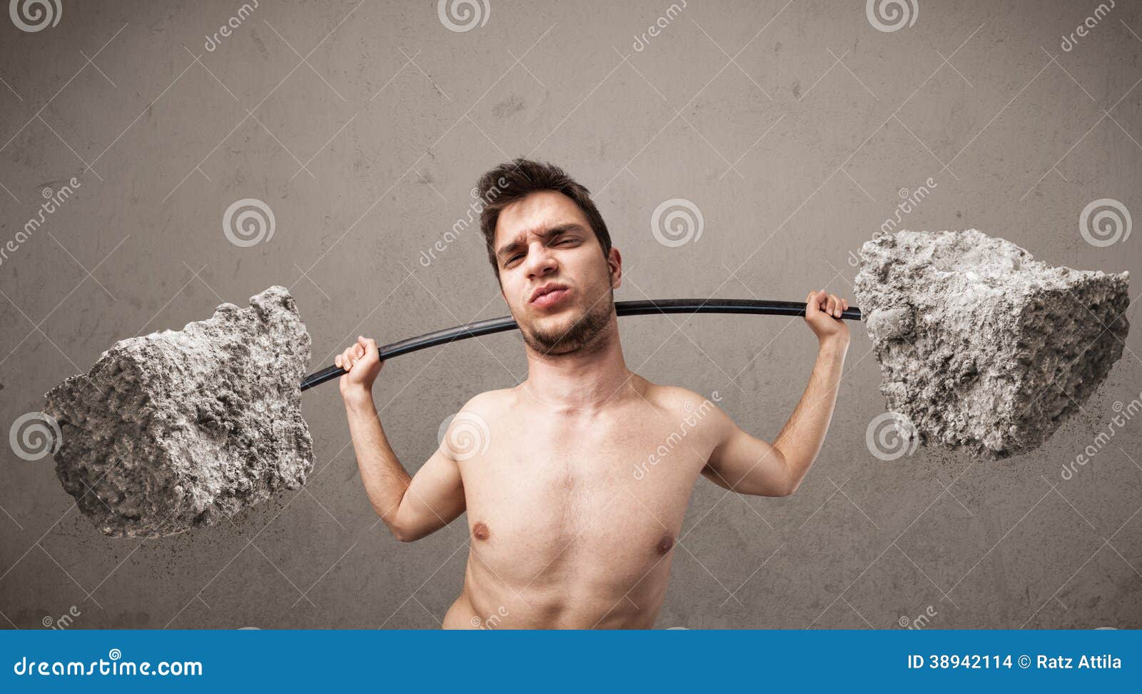 Skinny Guy Lifting Large Rock Stone Weights Stock Photography ...