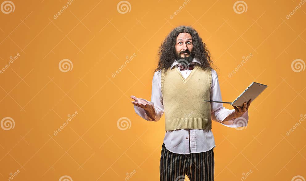 Skinny Nerd Holding a Tablet - Technical Issue Stock Image - Image of ...
