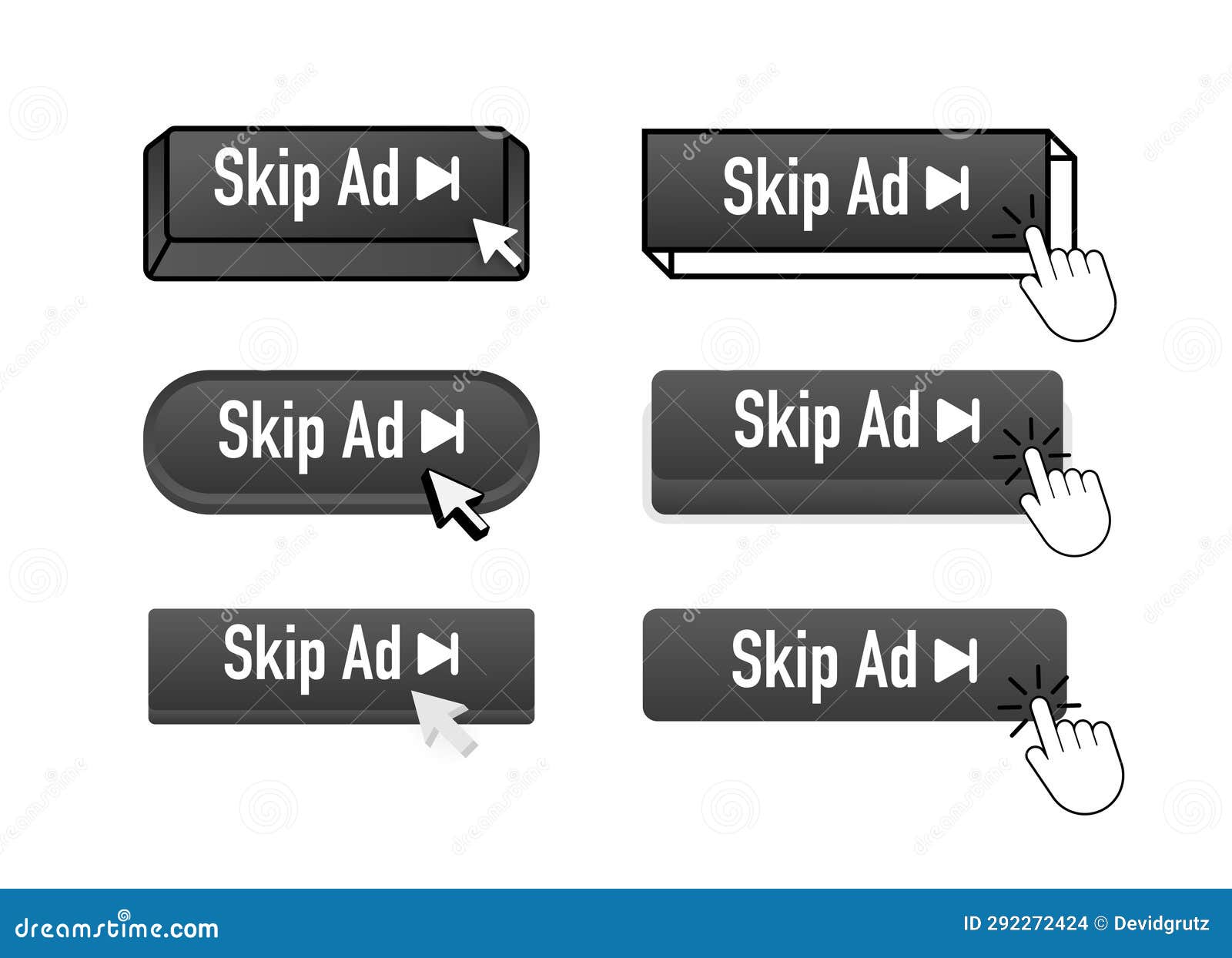Skip Ad with Pointer Clicking. Skip Ad Web Buttons Set. User Interface Element in Flat Style ...