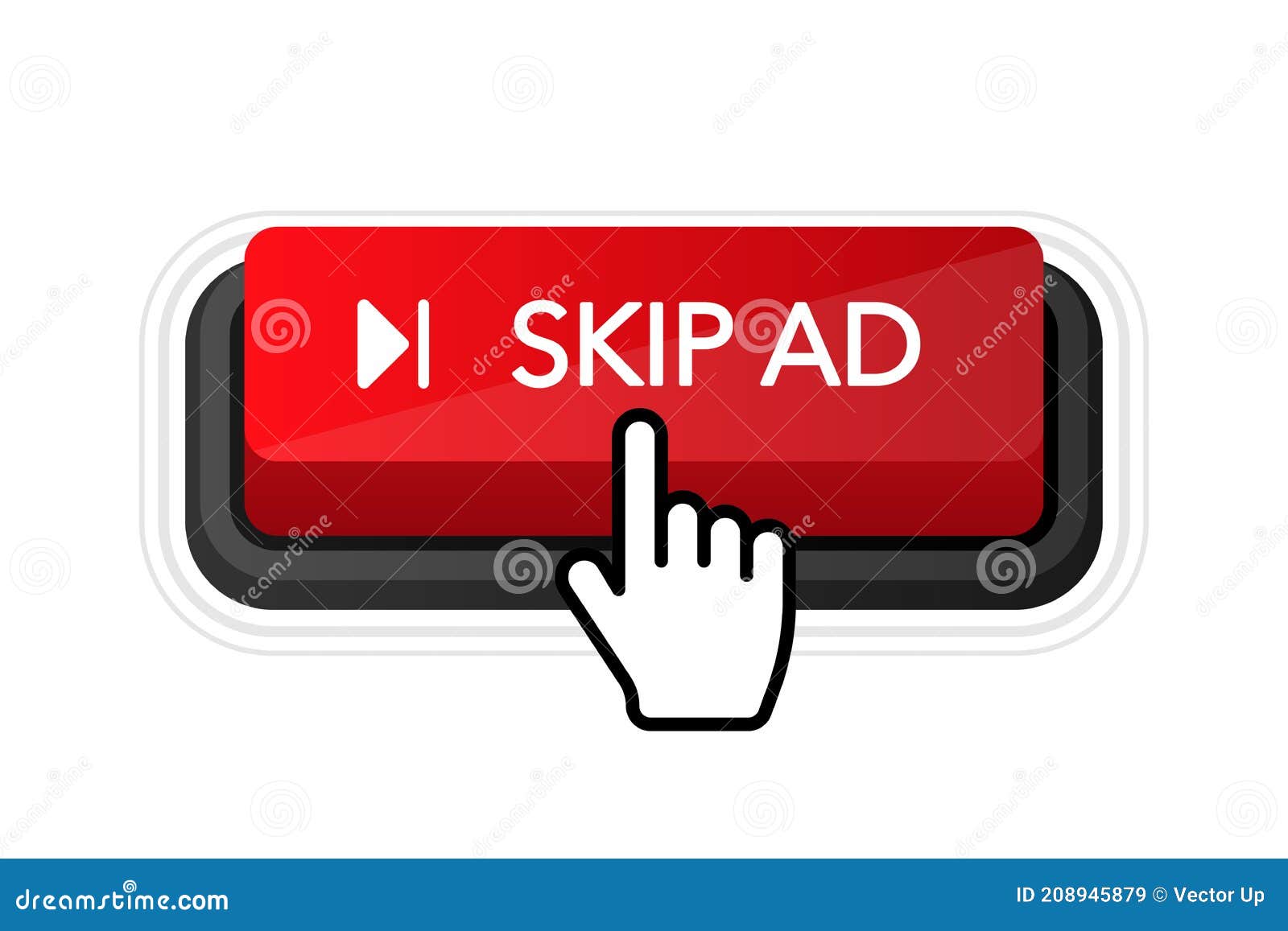 Skip Ad Red Button on White Background. Hand Mouse. Flat 3D Button ...