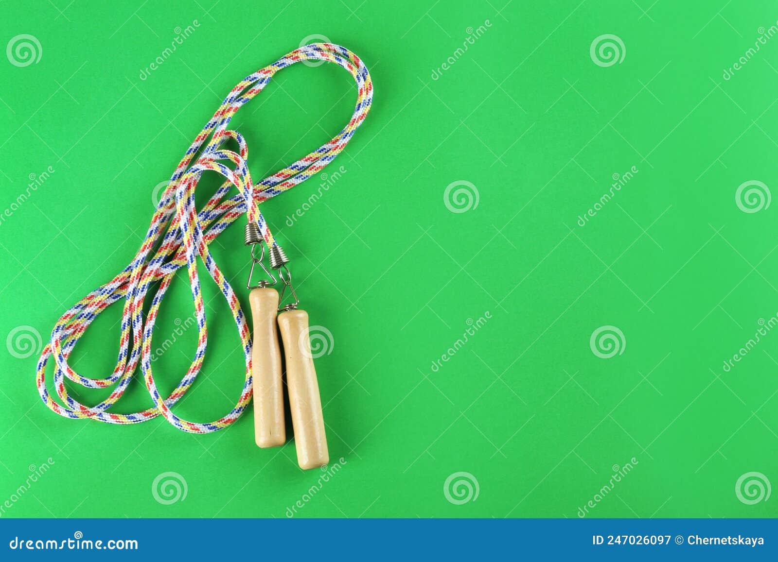 Skipping Rope on Green Background, Top View. Space for Text Stock Image ...