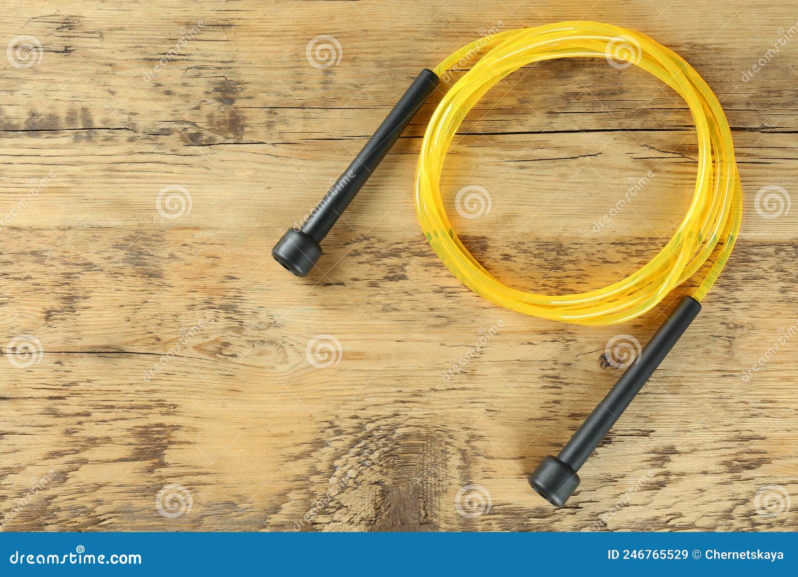 Skipping Rope on Wooden Table, Top View. Space for Text Stock Image ...