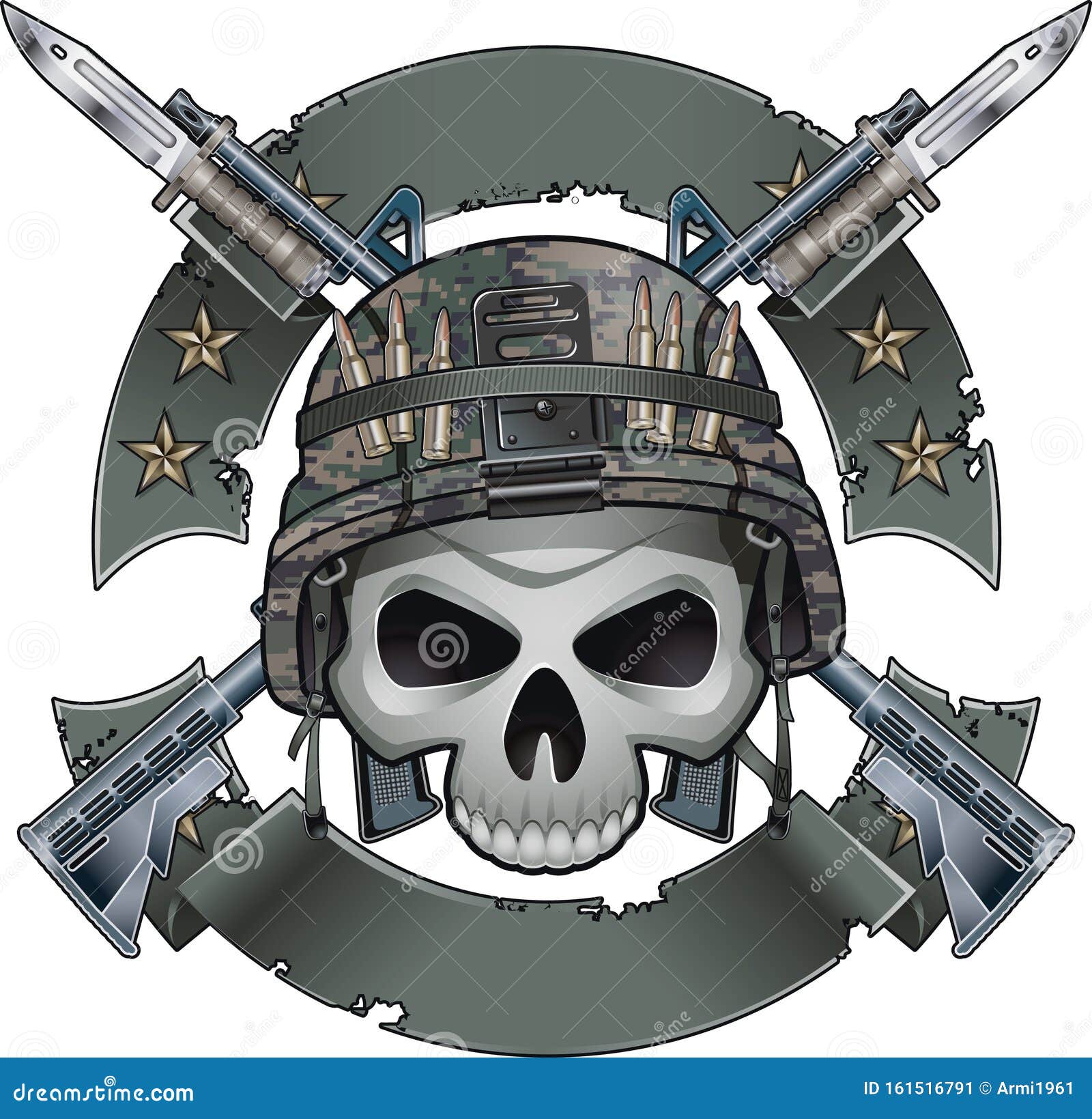 Skull with Army Helmet Crossing Assault Rifles with Fixed Bayonets and ...