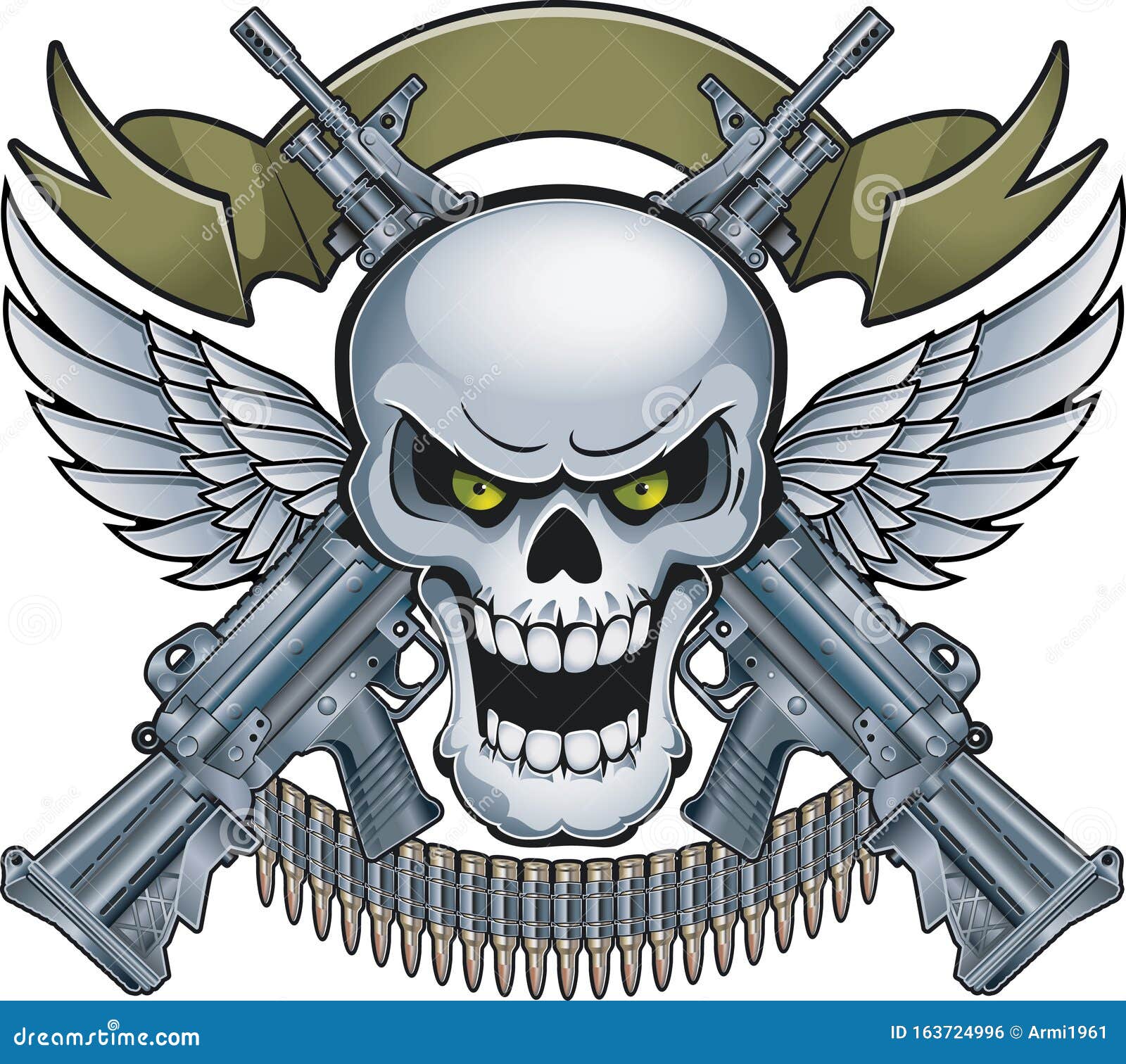 Skull with Banner, Wings and Crossing Machine Guns Stock Vector ...