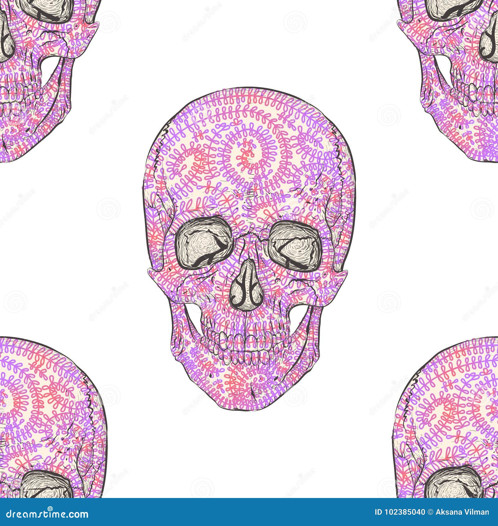 Skull and Beautiful Pattern. Small Leaves and Branches Stock Vector ...