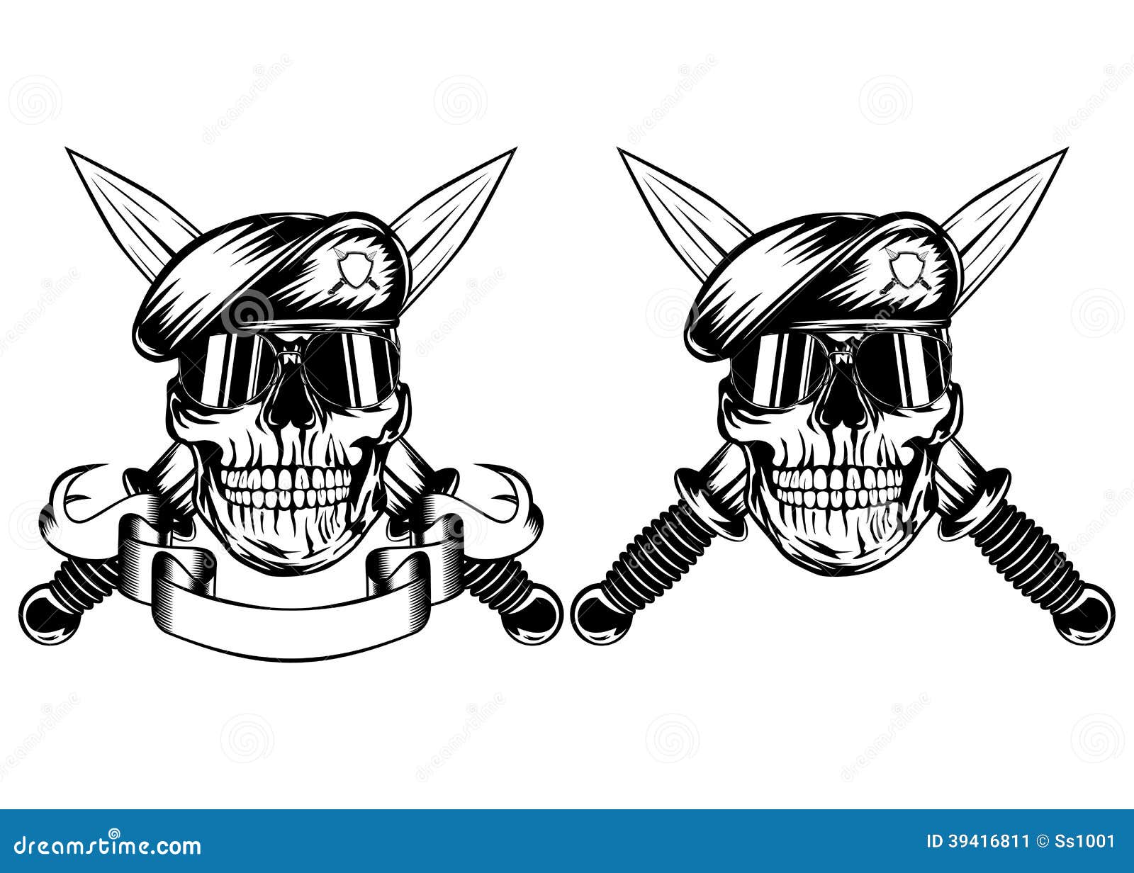 Skull in beret and daggers stock vector. Illustration of banner - 39416811