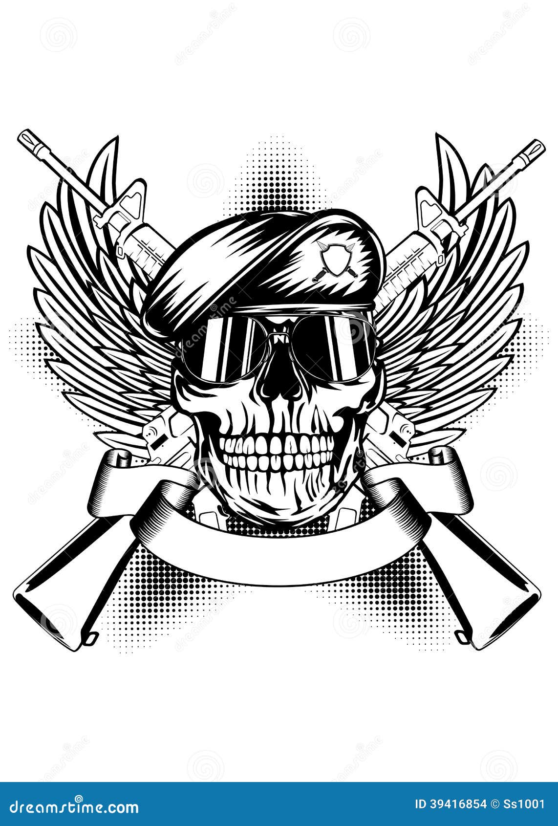 Skull in Beret and Two Automatic Guns Stock Vector - Illustration of ...