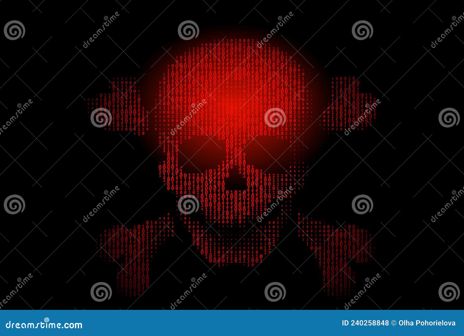 Skull with Bones in Binary Code Stream on Black Background.concept of Hacker Attack, Cyber ...
