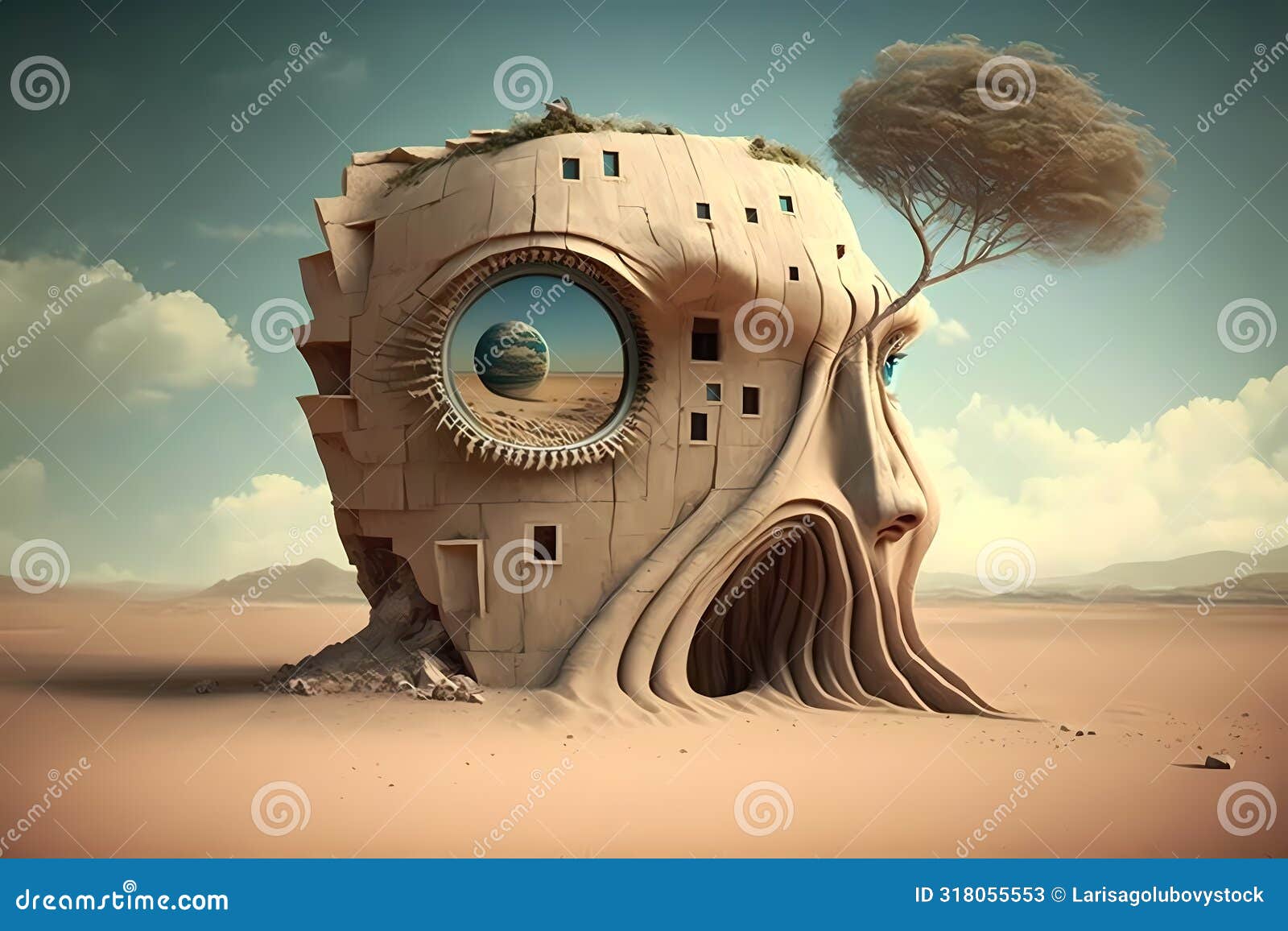 Skull Building with Tree in Sky Landscape Art Abstract Art Illustration ...