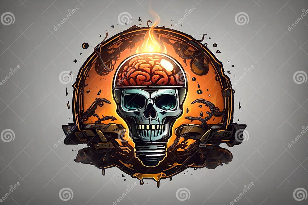 Skull with Burning Brain in Fire on Gray Background Stock Illustration ...