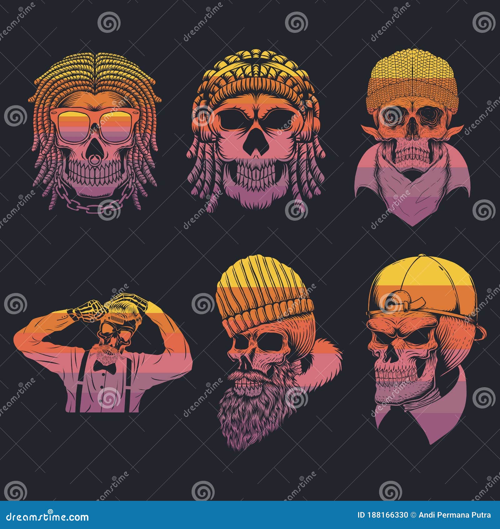 Skull Collection Retro Vector Illustration Stock Vector - Illustration ...