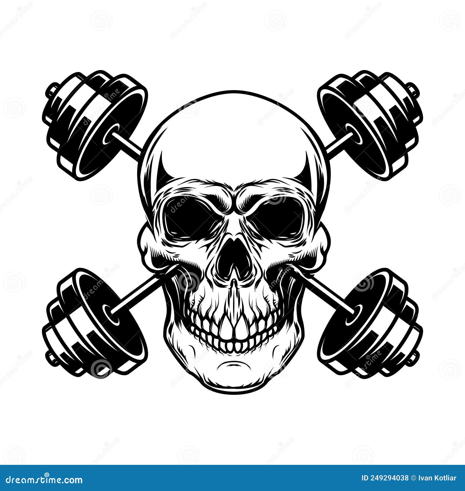 Skull With Barbell In Teeth. Design Element For Gym Logo, Label, Emblem ...