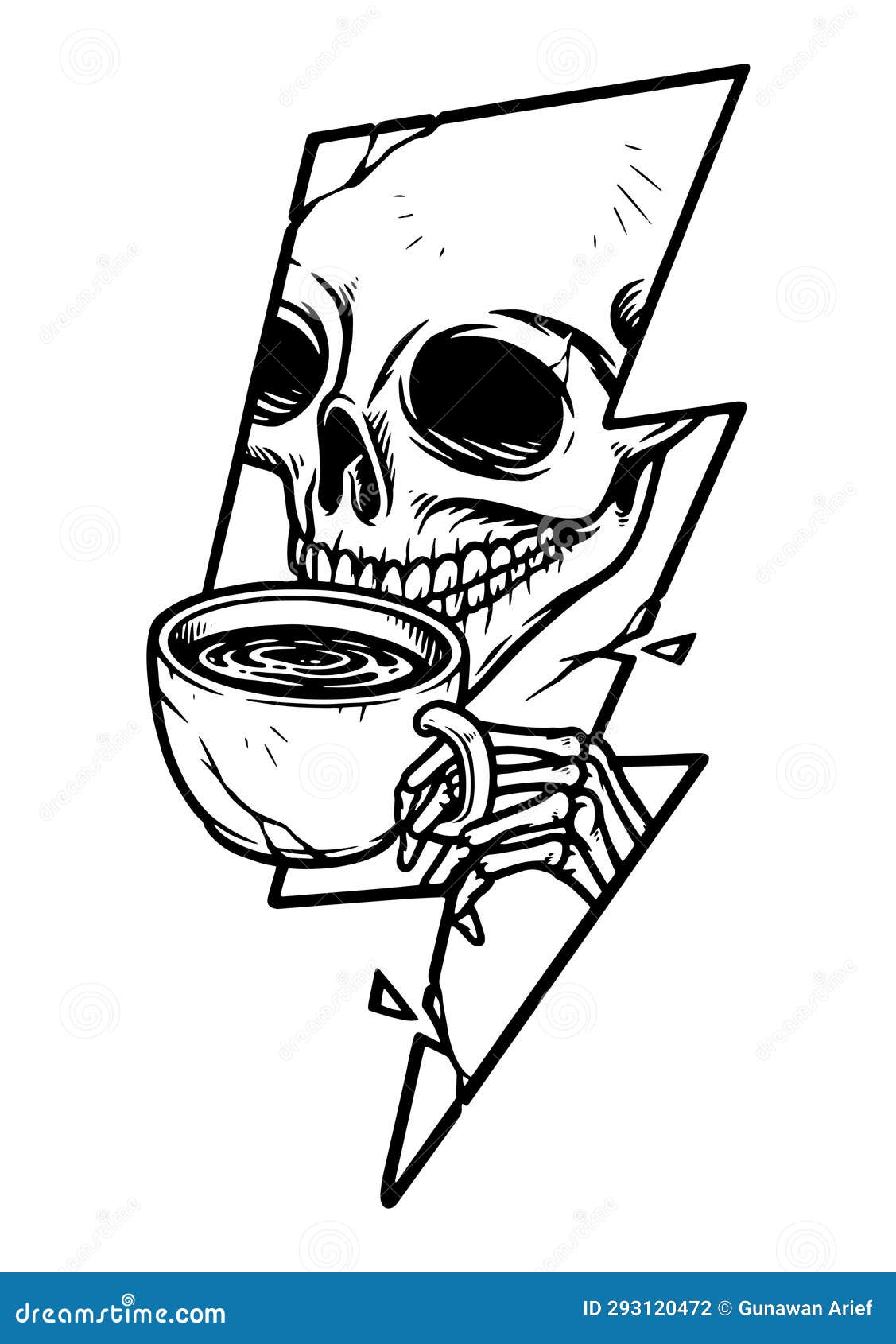 Skull Drinking Coffee and Lightning Bolt Shape Stock Vector ...