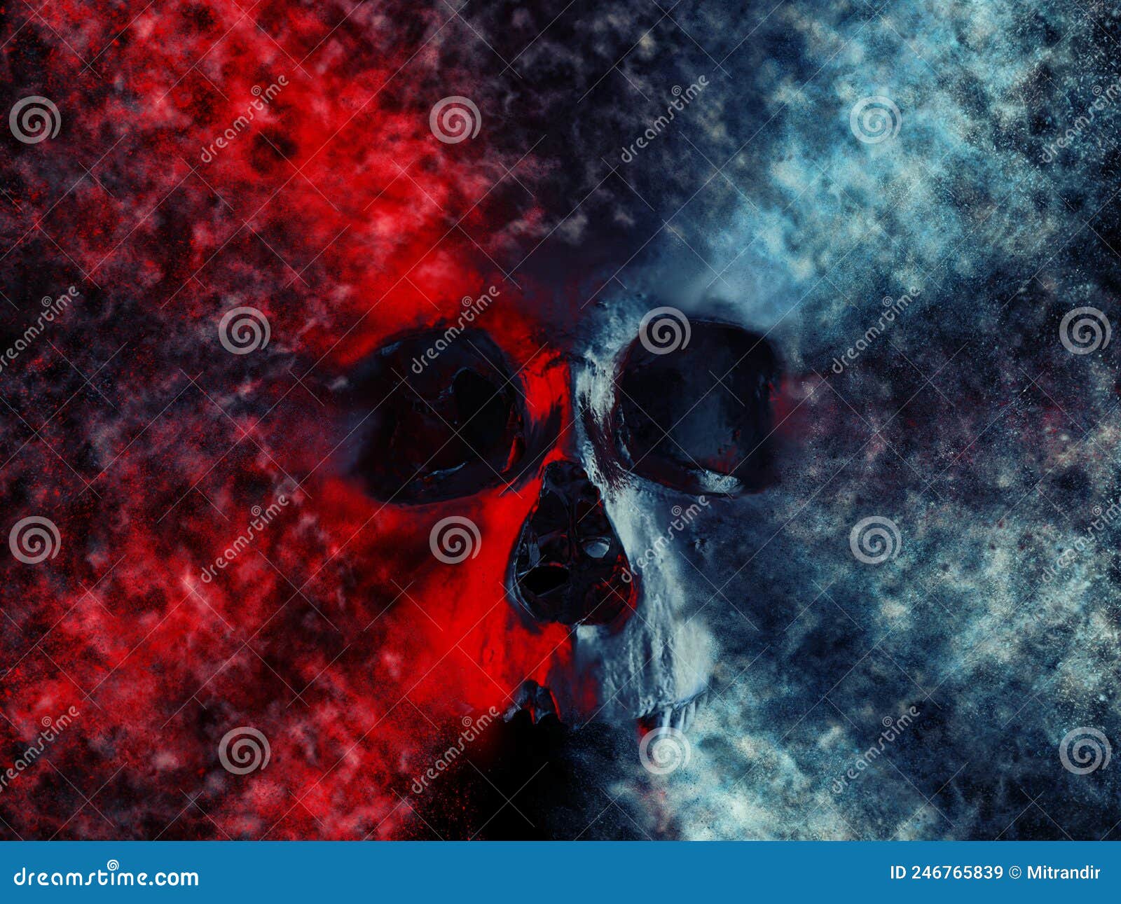 Skull Exploding into Red and Blue Dust and Particles Stock Illustration ...