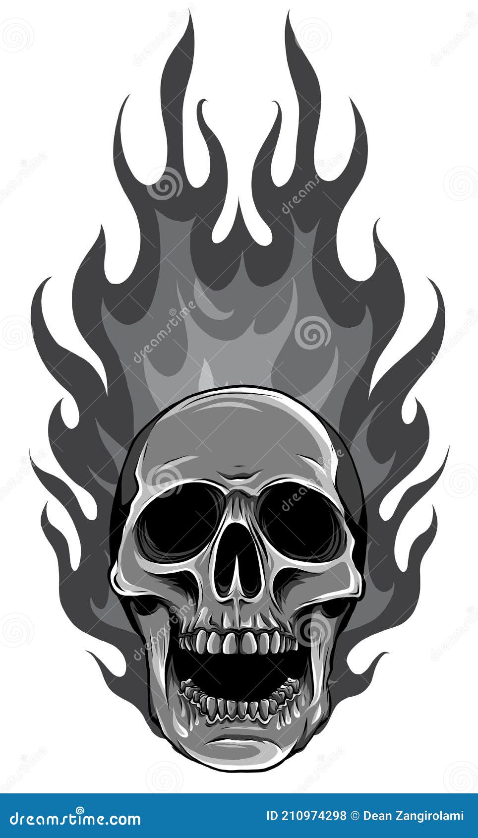 Monochromatic Skull on Fire with Flames Vector Illustration Stock ...