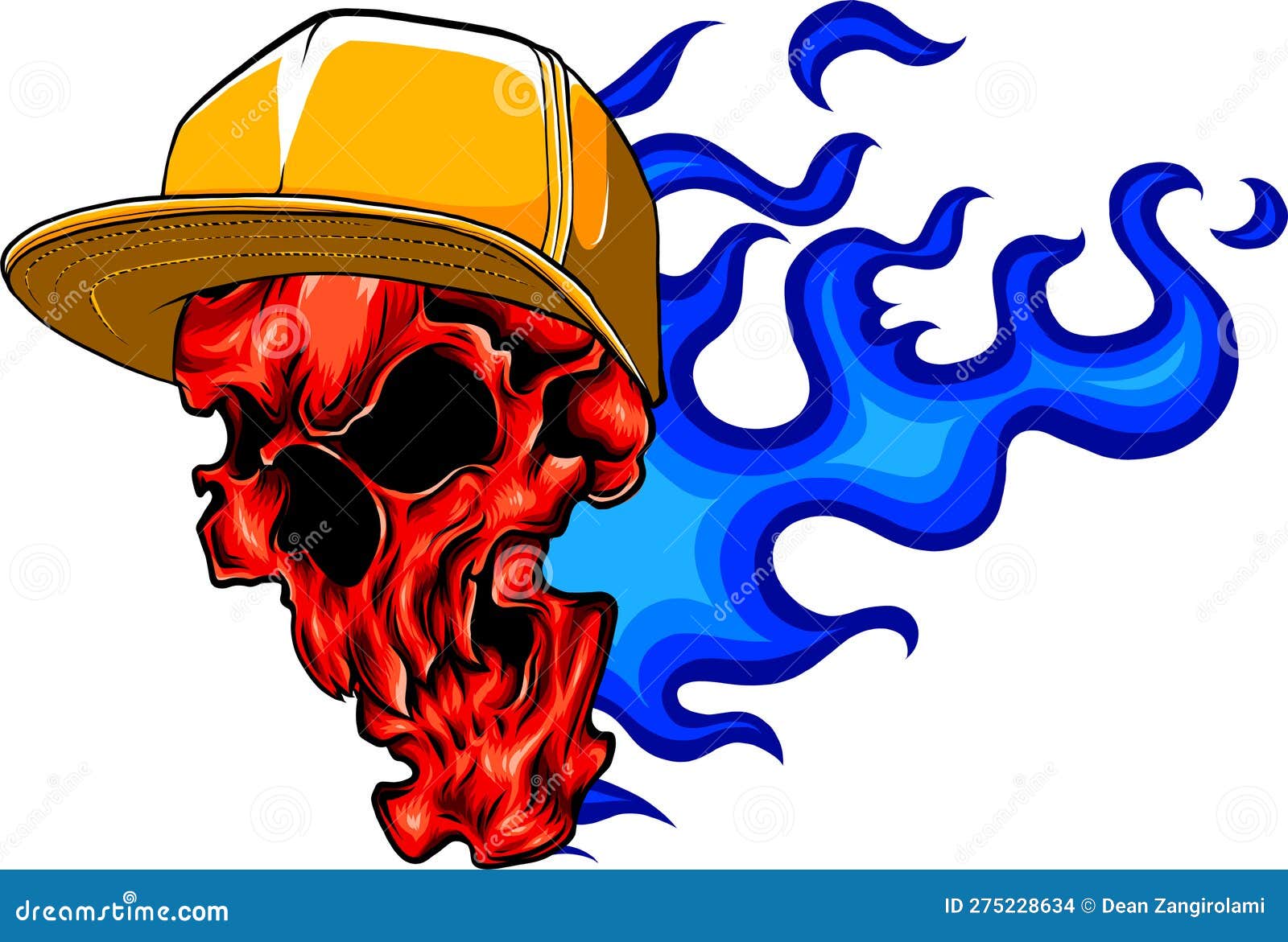 Illustration of Red Skull with Yellow Hat and Blue Fire Vector Logo ...