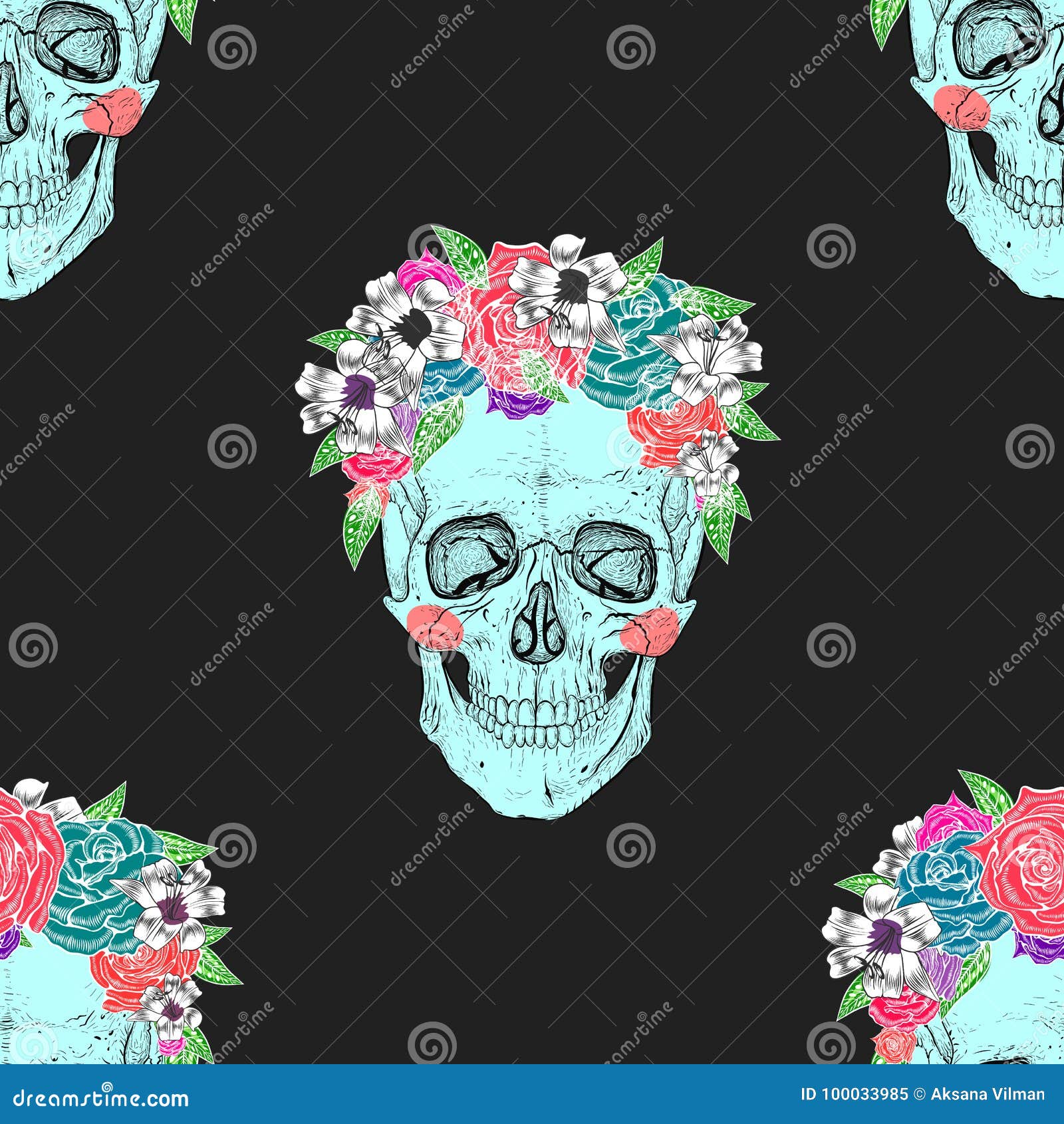 Skull and flowers. Pattern stock vector. Illustration of death - 100033985