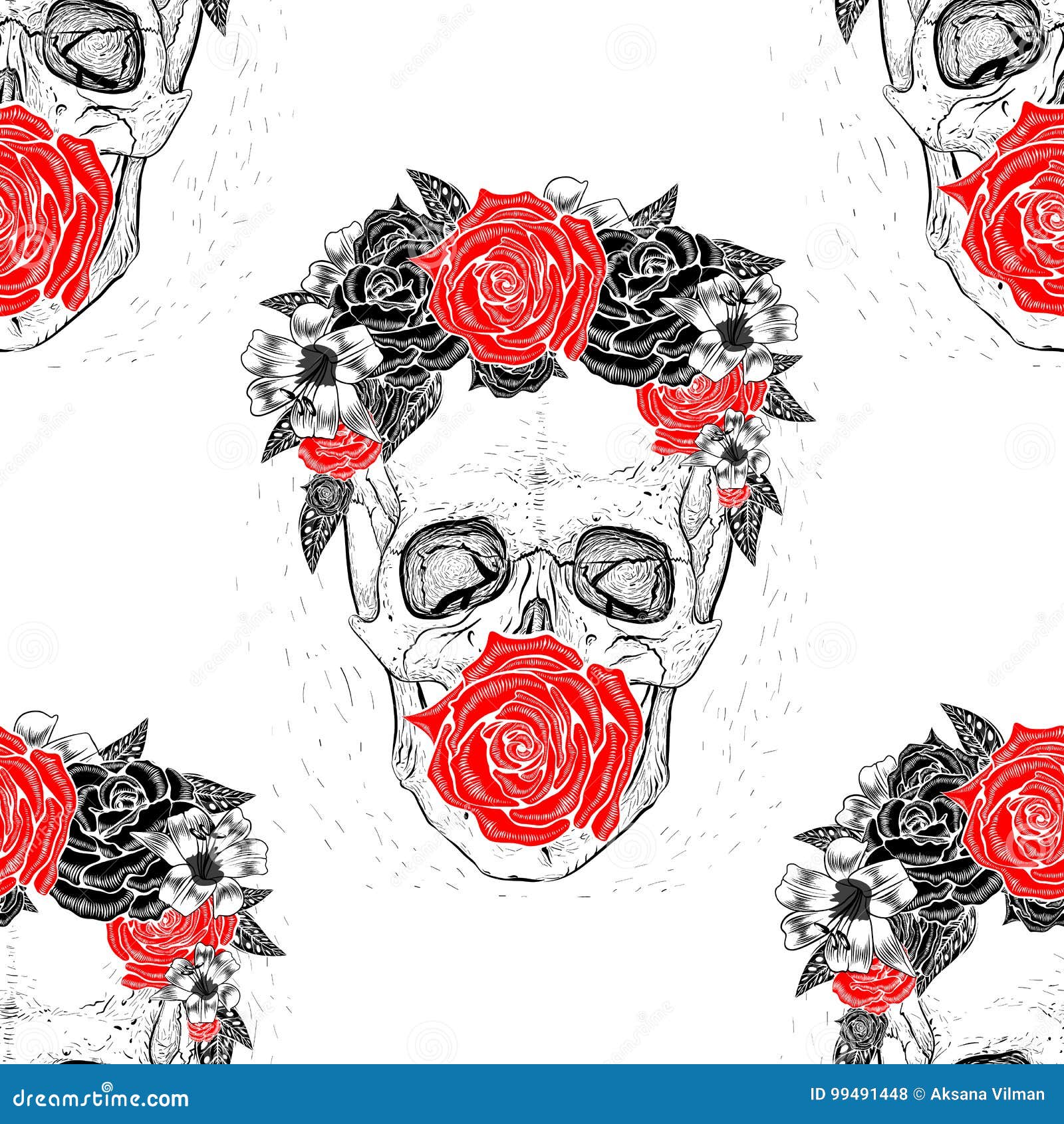 Skull and Flowers. Seamless Pattern Stock Vector - Illustration of ...