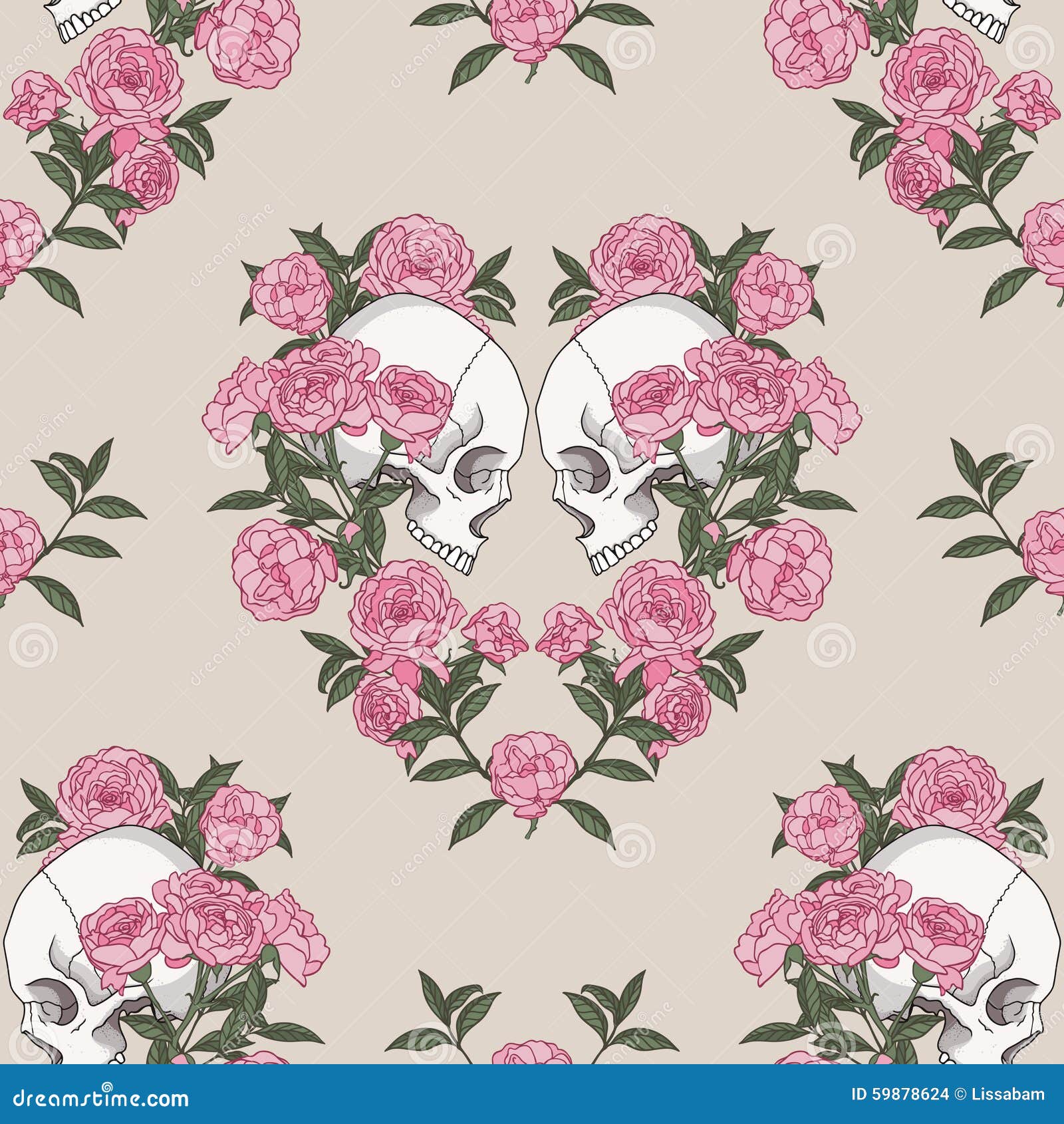 Skull and Flowers. Seamless Pattern Stock Vector - Illustration of ...